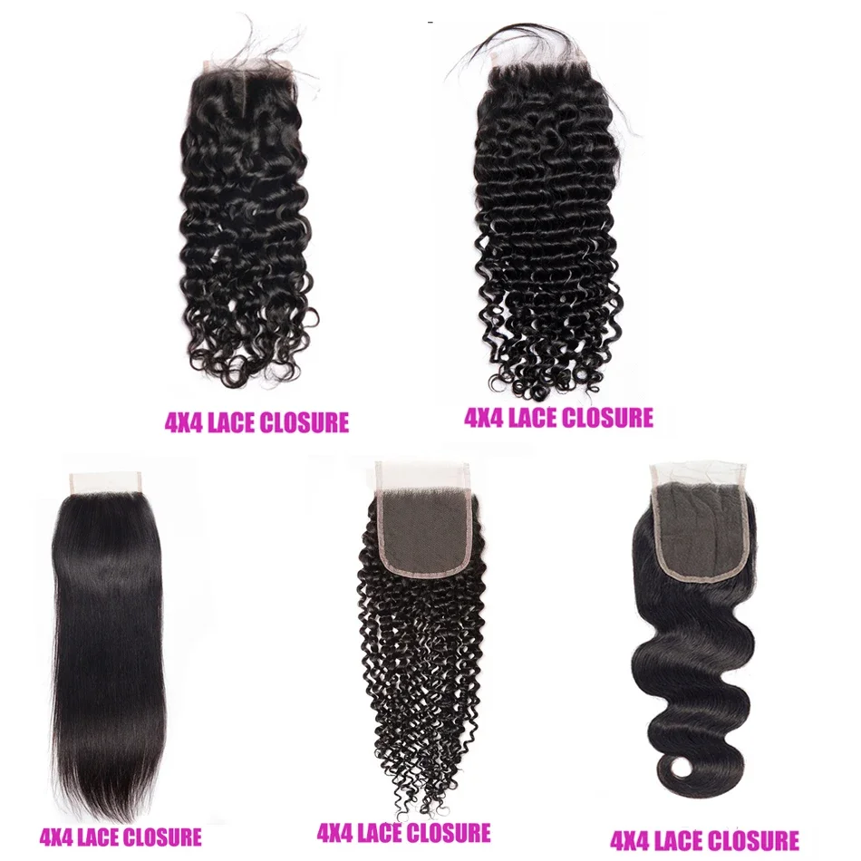 4X4 Lace Closure Peruvian Straight Deep Water Wave Curly Closure 100% ...