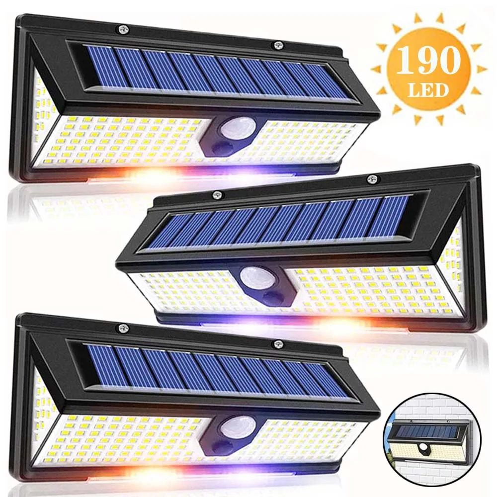 1/2/3Pcs Lampes Murales Solaires 190LED Solaire Extérieur Lampe de mur Solaire De Capteur De ...