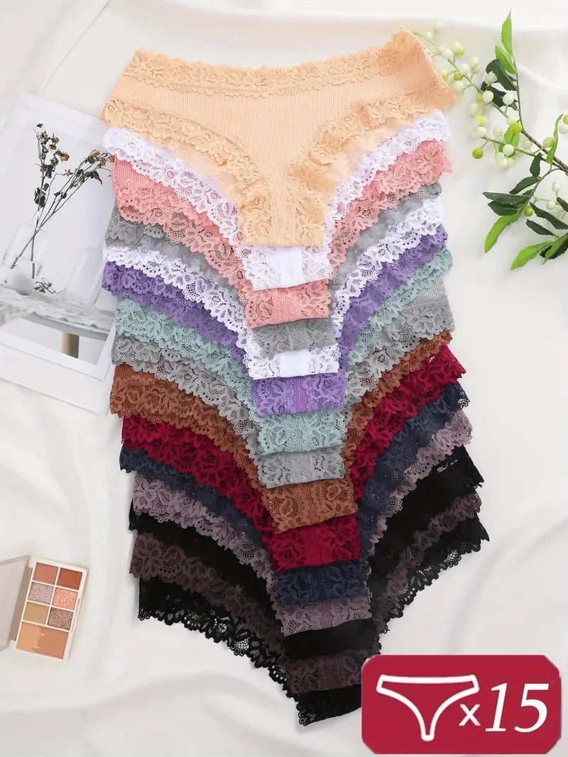 15Pcs-Women-Cotton-Panties-Sexy-Lace-Intimate-Brazilian-Underwear-Solid ...