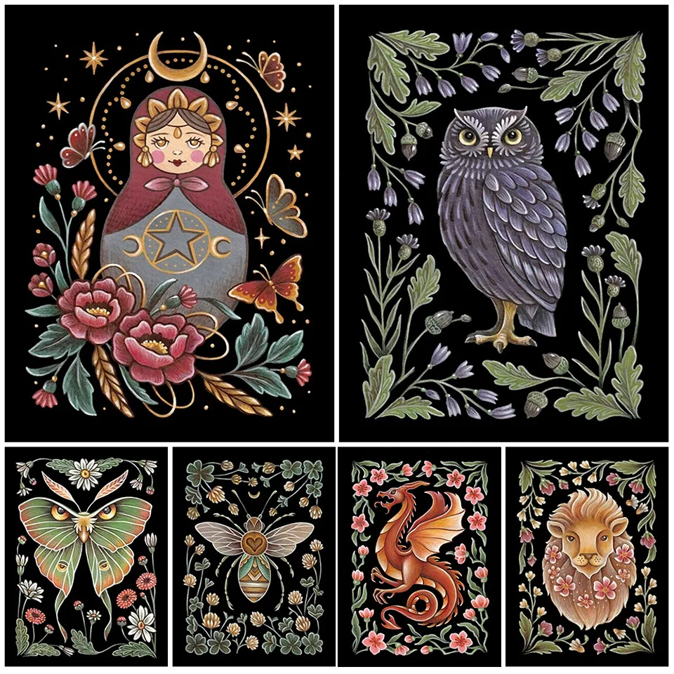 Diamond-Embroidery-Vintage-Bat-Owl-Goat-Hedgehog-Lion-Snake-Diamond ...