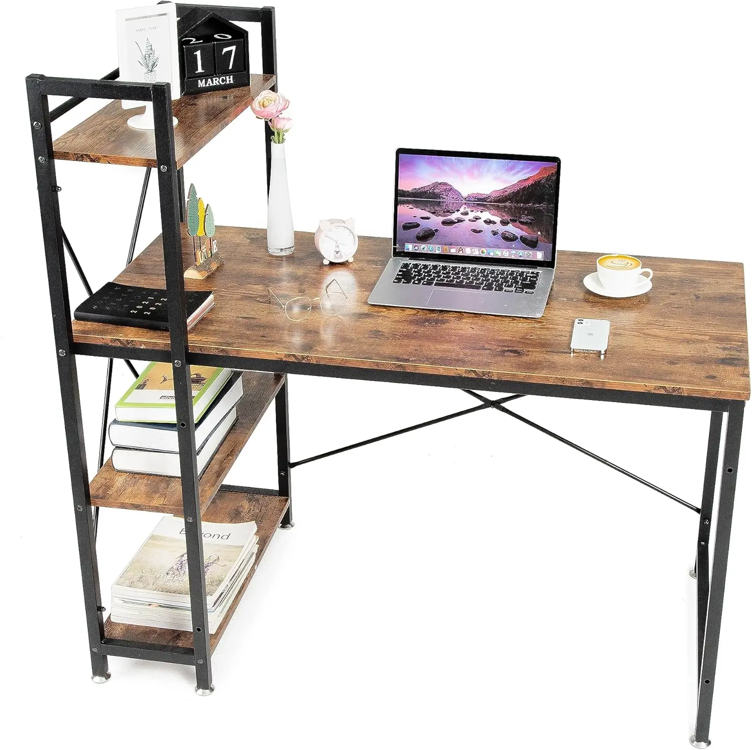 Computer-Desk-Writing-Desk-with-4-Tier-DIY-Storage-Shelves-on-Left-or ...