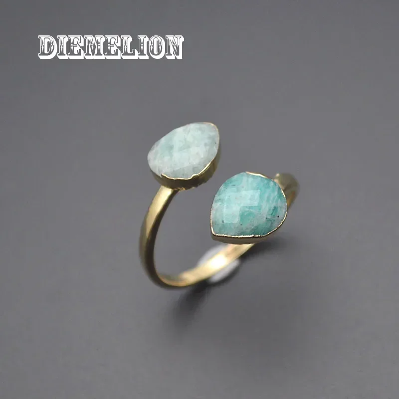 Water Drop Double Gemstone Ring for Man Women Gold Plated Natural ...