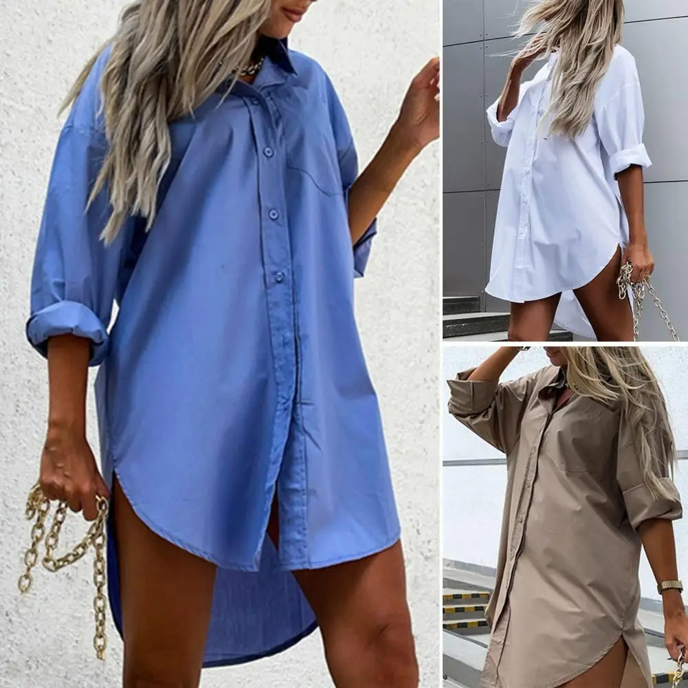 Autumn-Women-Shirts-Lapel-Long-Sleeves-Single-breasted-Placket-Mid ...