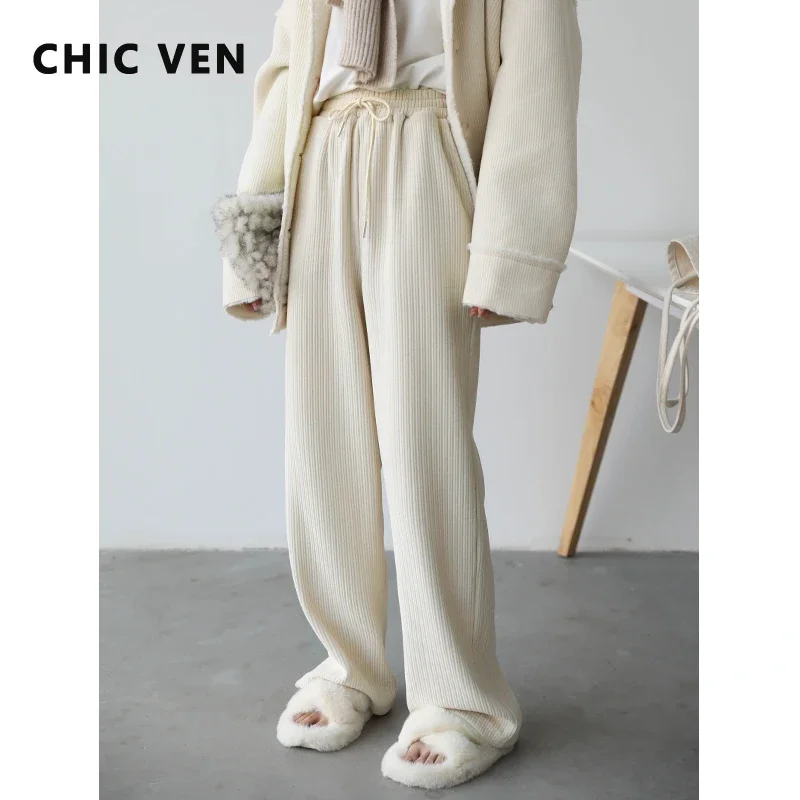 CHIC VEN Women Pants Solid Loose Thick Warm Elastic Waist Wide Leg ...