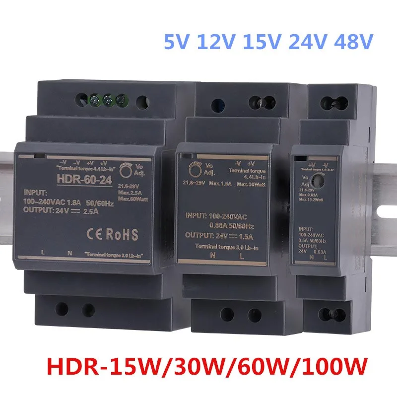 HDR Serie 15W 30W 60W 100W AC DC 5V 12V 15V 24V 48V Ultra Dünne Schritt Form Din schiene Schalt ...