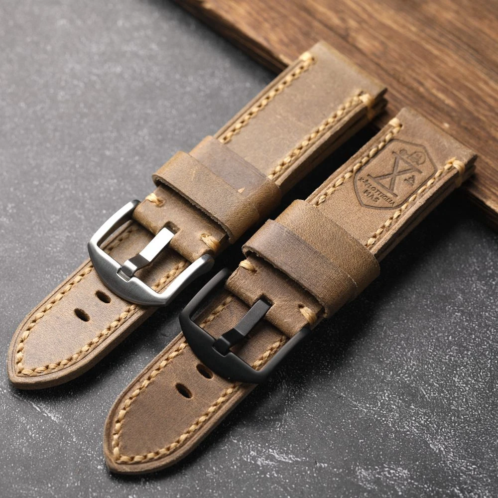 Handmade Layer Cowhide Leather Strap 20 22 24MM Retro Style Thickening ...