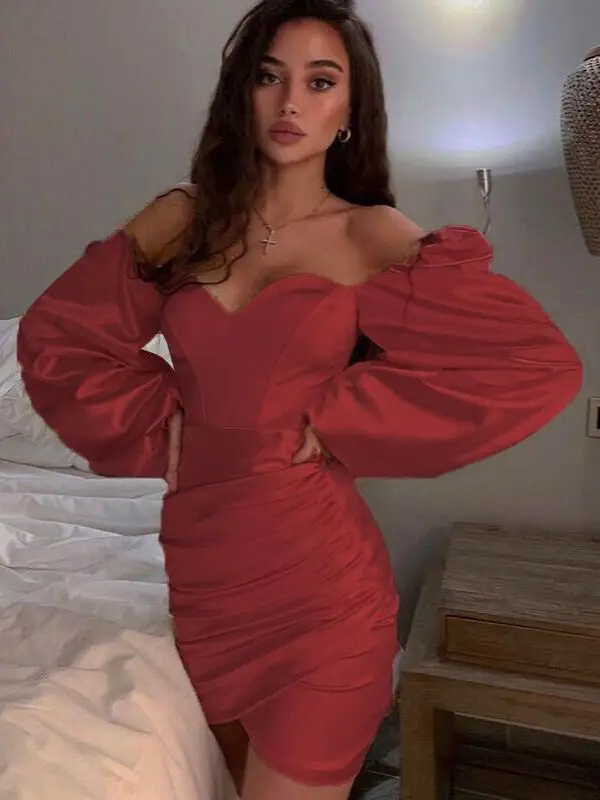 Dulzura Solid Women Satin Lantern Sleeve Mini Dress Slit Ruffles