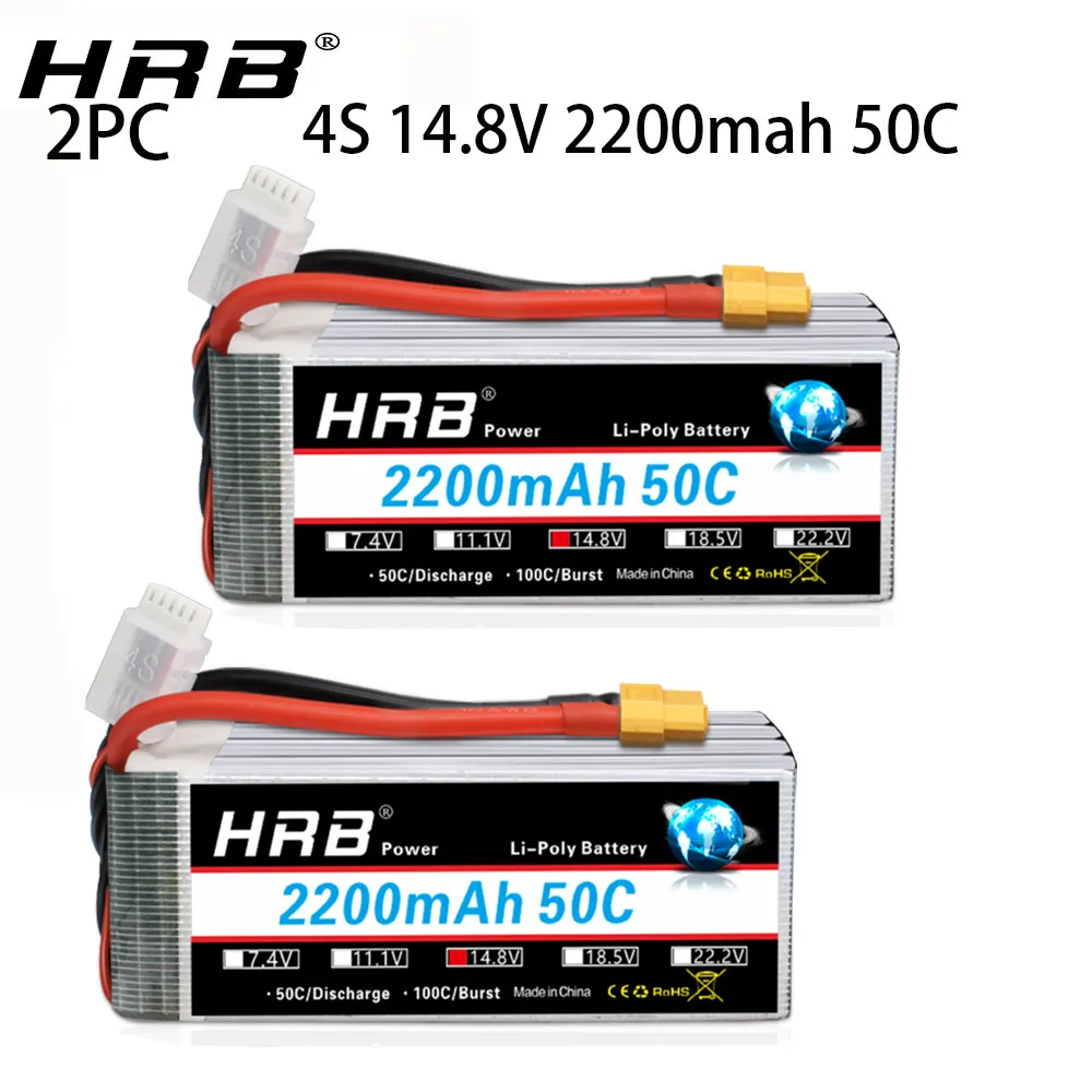 2PCS HRB 4S Lipo Battery 14.8v 2200mah Lipo 50C with XT60 Deans EC2 Connector for 1/12 1/16 RC ...