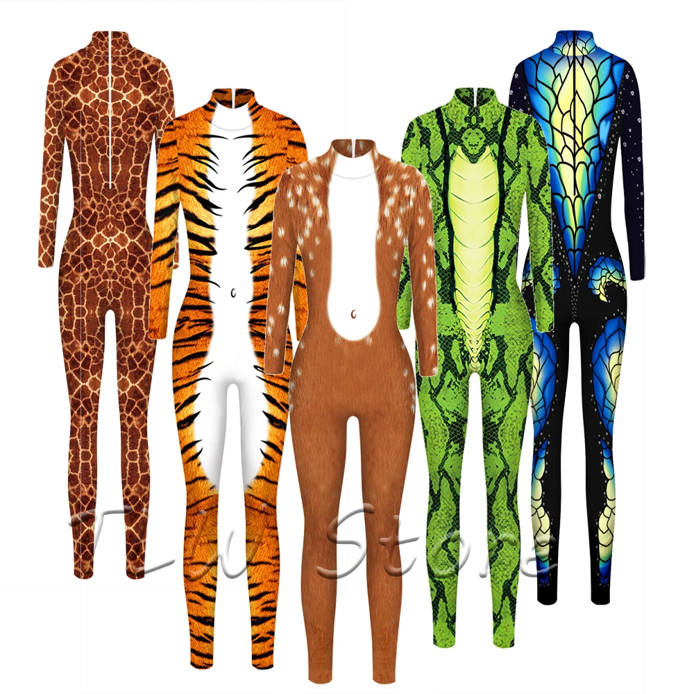 Halloween 3D Animal Sexy Snake Leopard Tiger Liver Skull Jumpsuit Adult ...