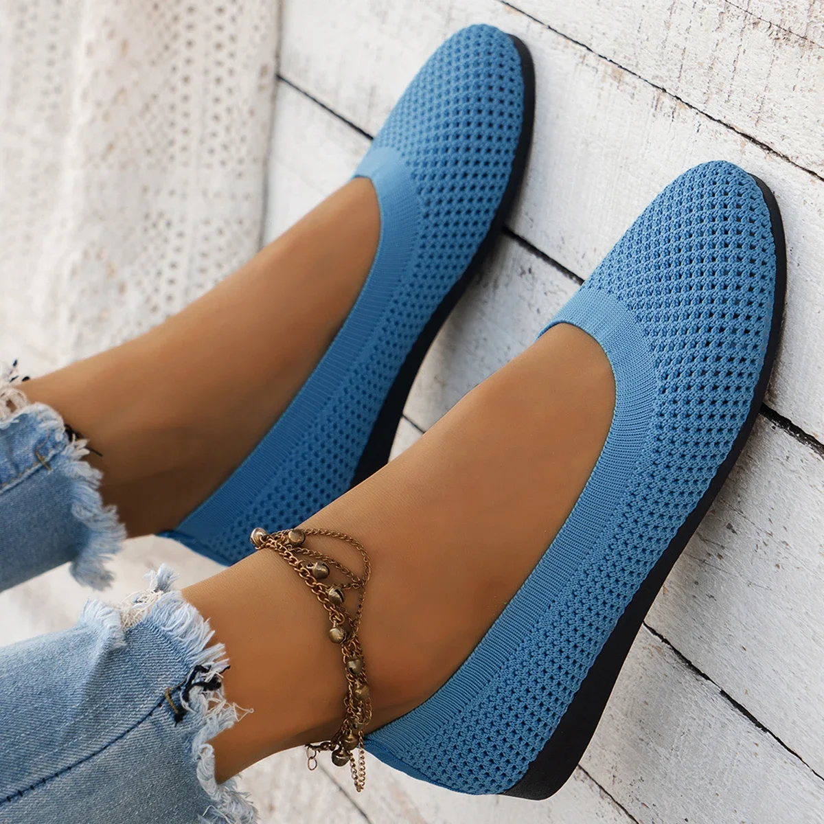 Women-Round-Toe-Flat-Shoes-Solid-Color-Knitted-Slip-on-Shoes-Casual ...