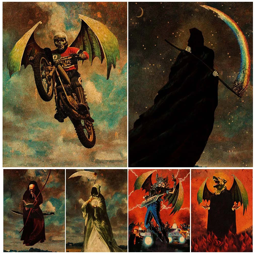 The-Devil-On-A-Motorcycle-Gothic-Wall-Art-Canvas-Painting-Death-Playing ...