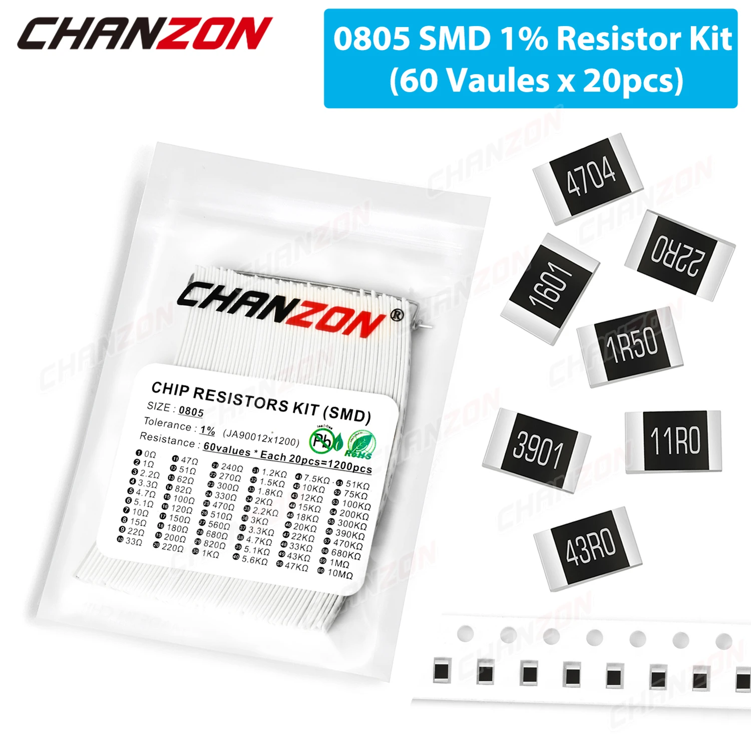 1200 Pcs SMD 0805 Resistors Assortment Kit 60 Values x 20 Pcs 0 R 10M R 1/8 W 1% High Precision ...