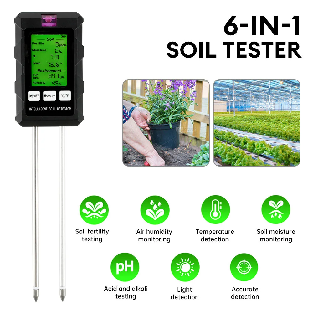 Digital Soil PH Meter 6 in 1 Multifunctional Soil Moisture Tester ...