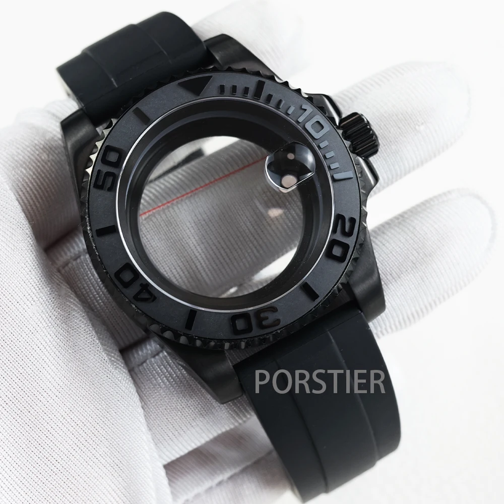 40mm Black PVD NH35 Watch Cases Rubber Strap Sapphire Glass For Seiko ...