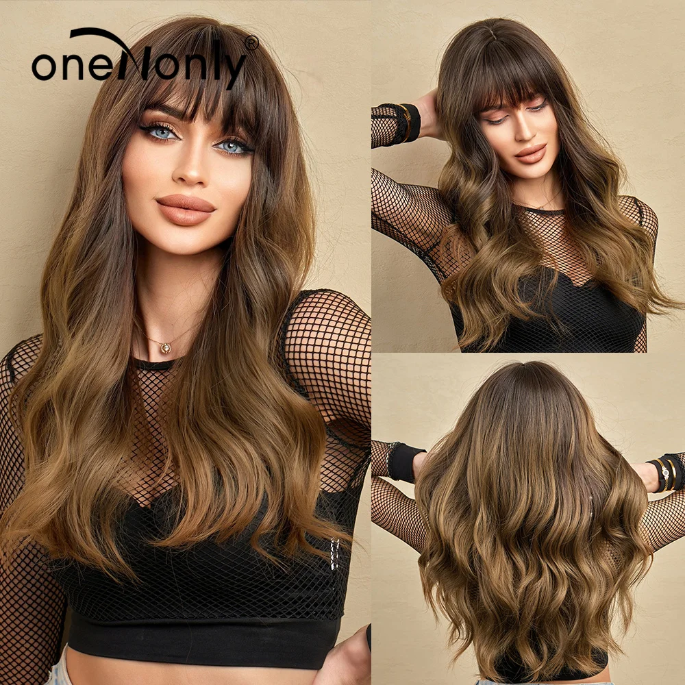 oneNonly Good Quality Synthetic Wigs Long Body Wave Mixed Brown Wig ...
