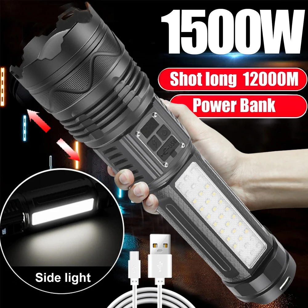 1500W-White-Laser-LED-Flashlight-Rechargeable-Tactical-Lantern-Built-in ...
