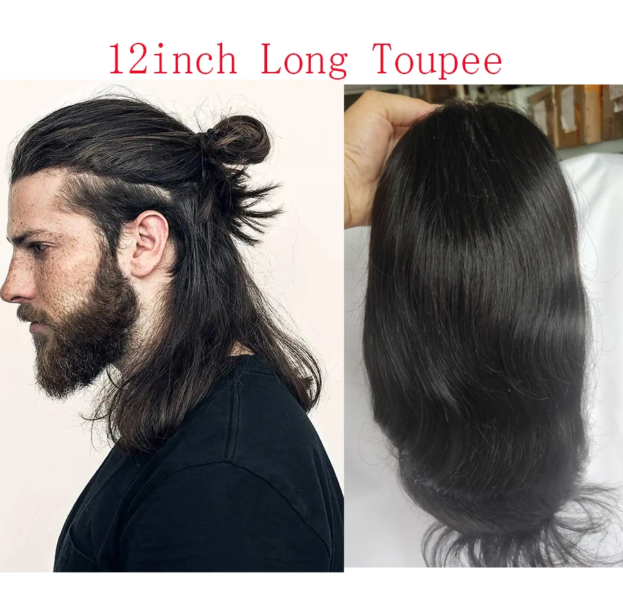 12-Long-Toupee-For-Men-100-Virgin-Human-Hair-Replacement-System-for-Men ...