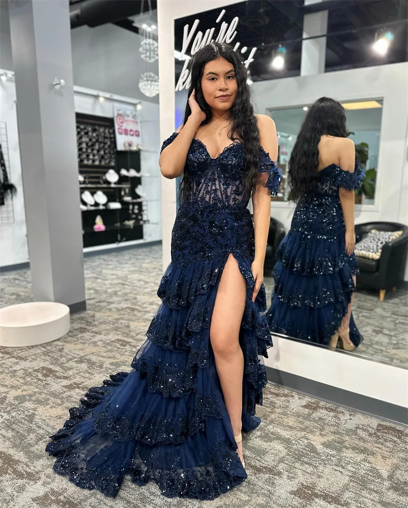 Mist Blue Beaded Off Shoulder Tulle Wedding Dress Shiny Sequins A-line ...