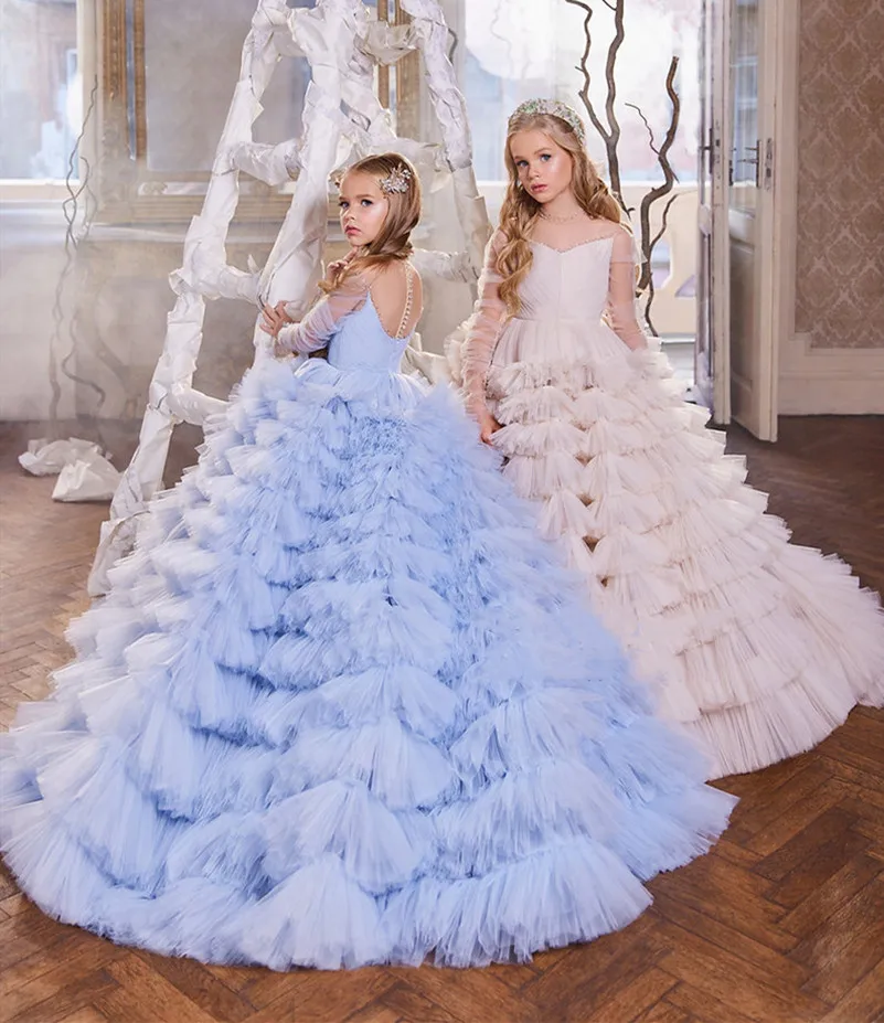 Luxury Long Sleeves Flower Girl Dress Sheer Neck Ruffles Puffy Gown ...