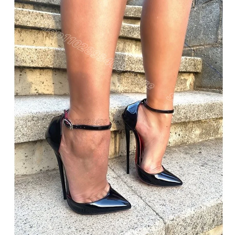 Schwarze-Lack-leder-sexy-Pumps-spitzen-Zehen-britischen-Stil-Kn-chel-schnalle-solide-Freizeit ...
