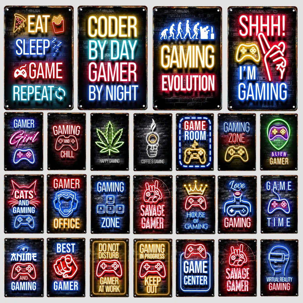 Gaming-Room-Decor-Gamepad-Vintage-Metal-Poster-Neon-Light-Glow ...