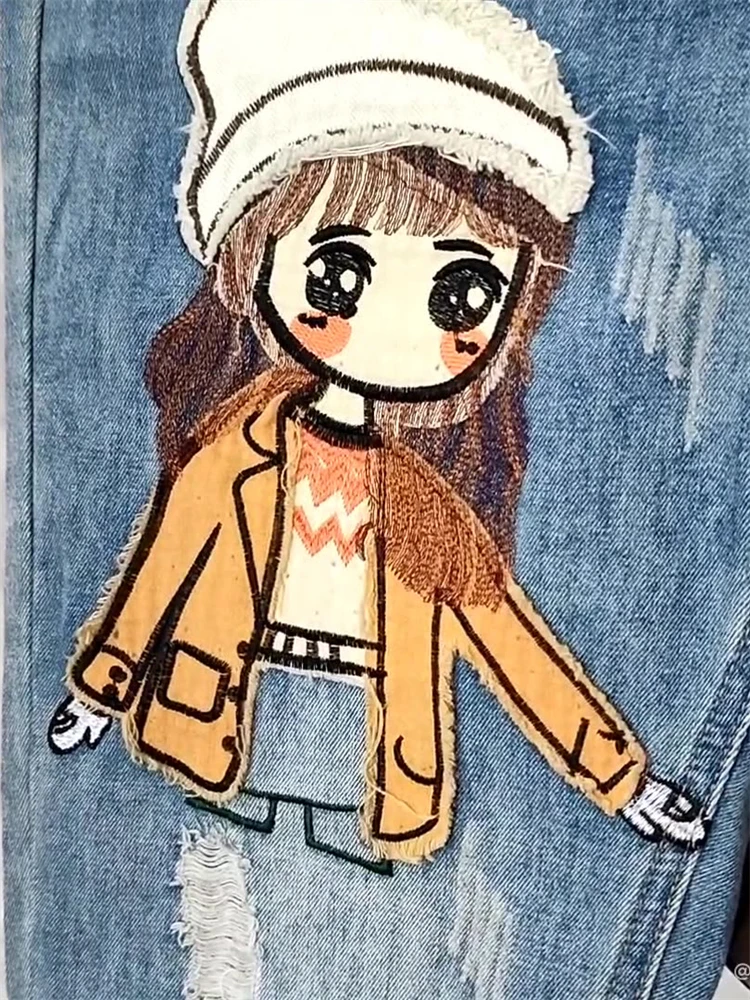 Cartoon Embroidered High Waist Denim Pants - Vesti Vogue