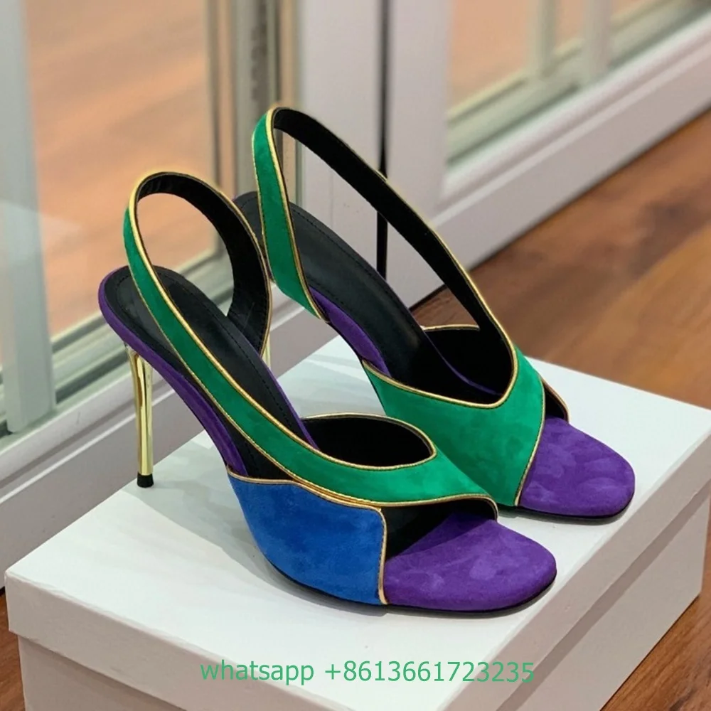 Women's Colored Heel Shoes | Suede Splicing Sandals | Catwalk Sandals ...