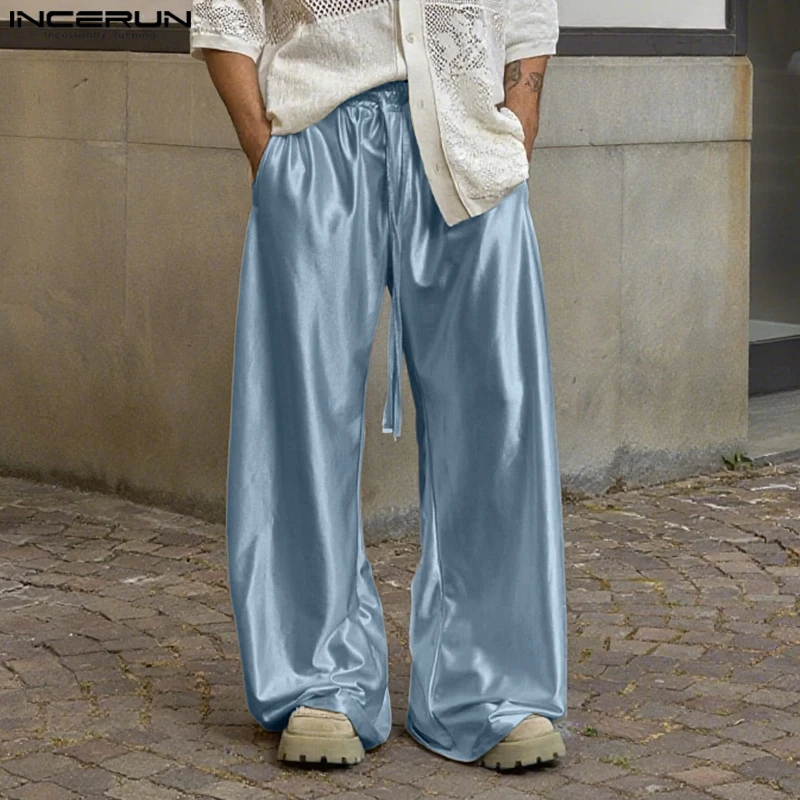 INCERUN Mens Pants Solid Color Joggers Drawstring Loose Casual Wide Leg ...