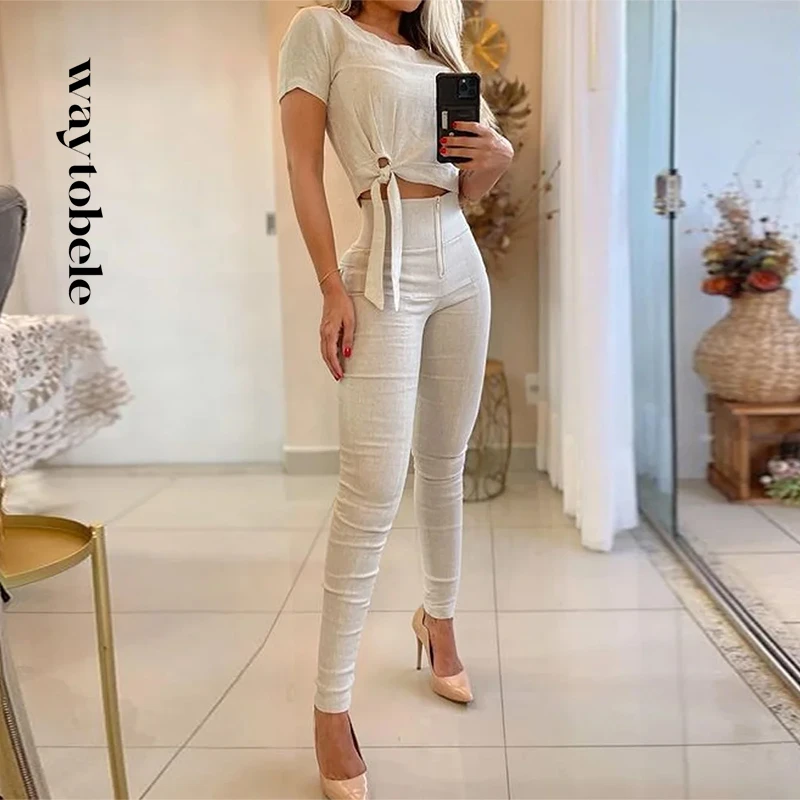 Waytobele Women Two Piece Set Summer Casual Solid Round Neck Lace Up