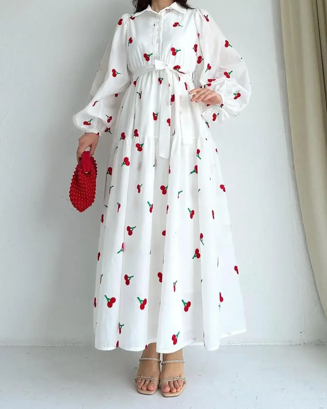 Long-Summer-Dress-Women-Bow-A-Line-High-Waist-Flower-Cherry-Print ...