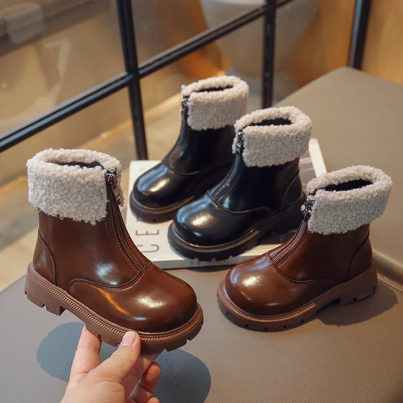 Children-New-Winter-Boots-Solid-Color-Platform-Front-Zipper-Kids-Mid ...