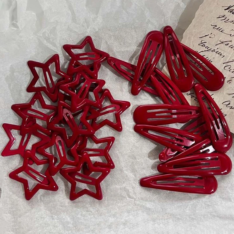 10Pcs Red Star Snap Clip for Girl Waterdrop Barrettes Black Hairpin ...