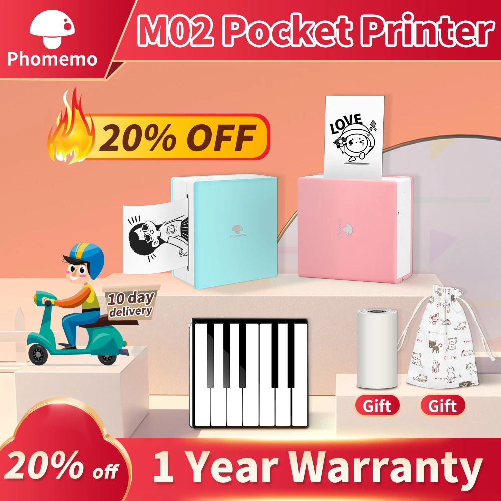 Phomemo M02 Portable Thermal Printer Pocket Mini Label Sticker Maker Wireless Connections Photo ...