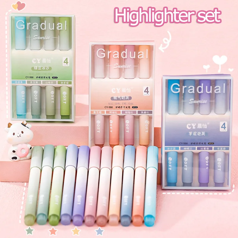 4PCS Color Markers Kawaii Highlighter Pen Macarons Colored Slanted Tip ...