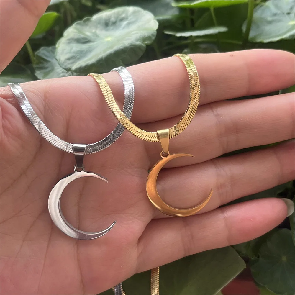 Stainless-Steel-Curved-Crescent-Moon-Pendant-Necklace-OX-Horn-Flat ...