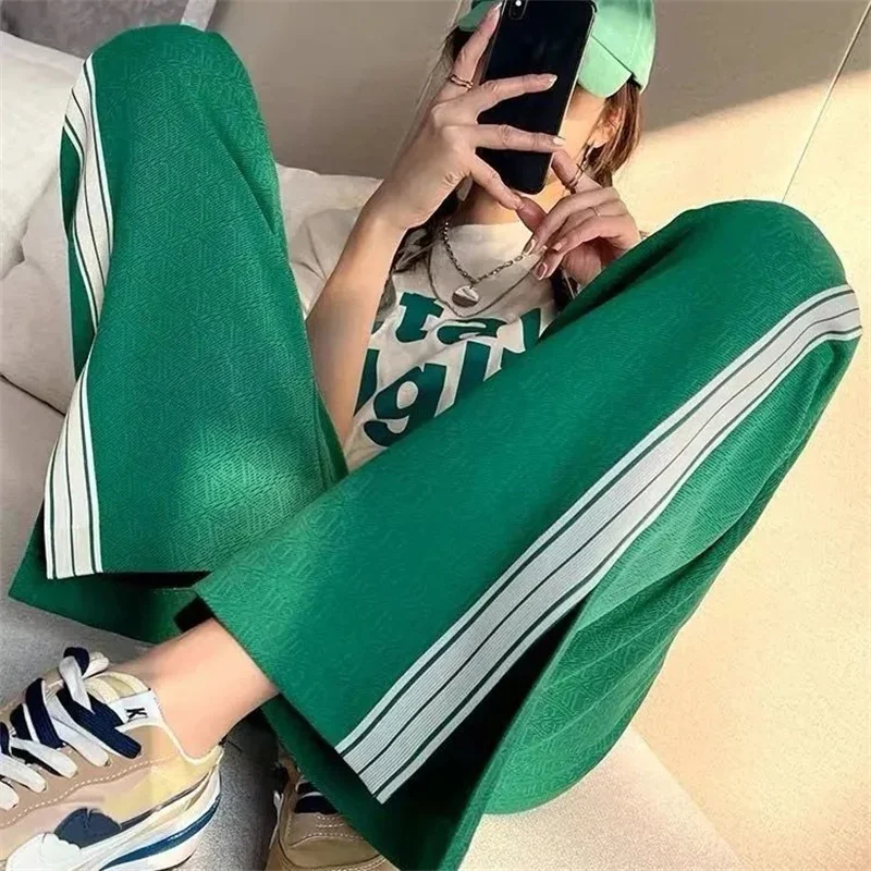 캐주얼 스트라이프 드로스트링 하이 웨이스트 와이드 레그 팬츠 오버사이즈 헐렁한 스웨트 팬츠 여성용 스플릿 디자인 느슨한 바지 Aliexpress