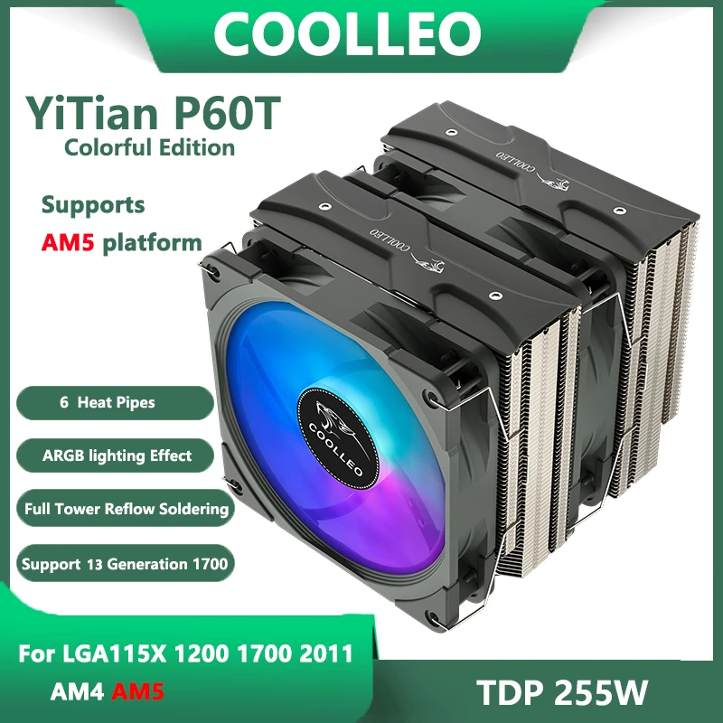Coolleo p60t 6 tubos de calor computador cpu cooler 4pin pwm argb pc silencioso ventilador de ...