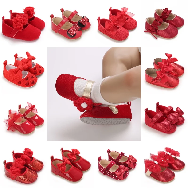 Red Girl Bow Decoration Princess Flat Shoes With Anti Slip Fabric Sole ...