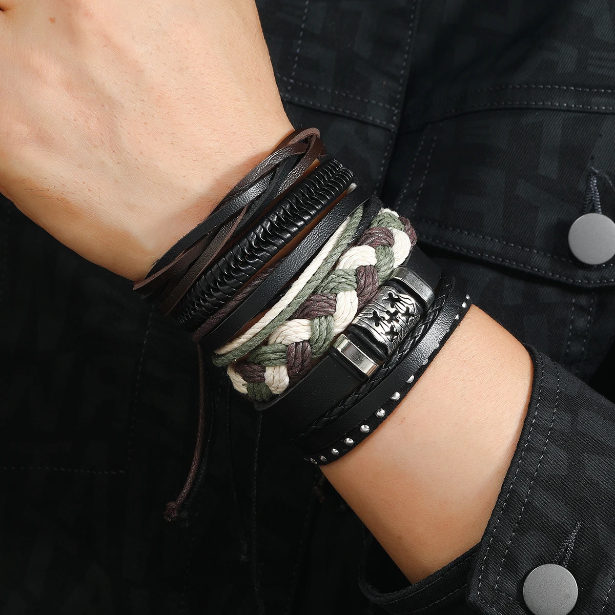 Leather-Bracelet-Men-Multi-Layer-Woven-Bracelet-PU-Leather-Drawstring ...