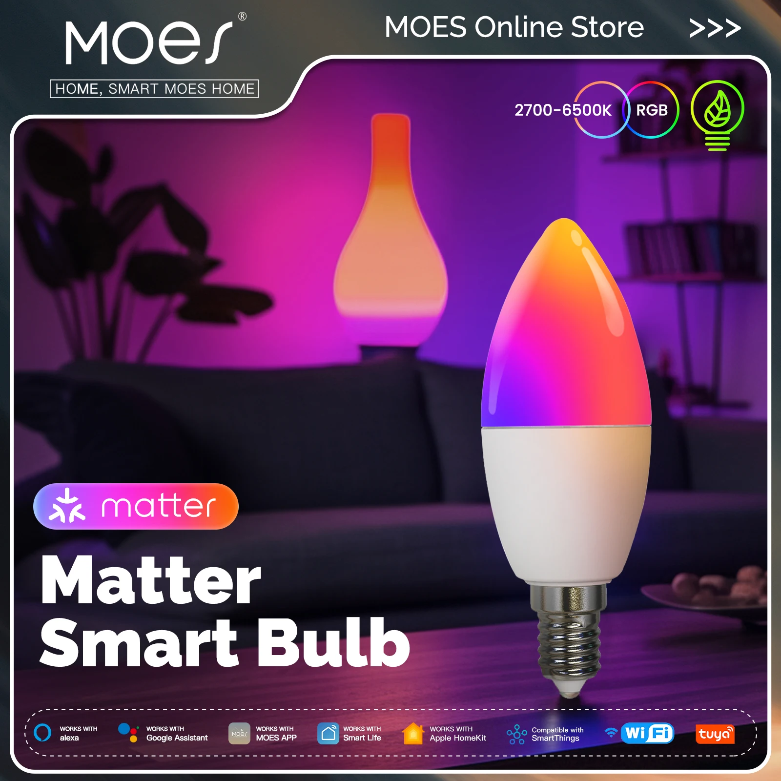 MOES Tuya Matter WiFi スマート電球調光可能な LED ライト 1600 万