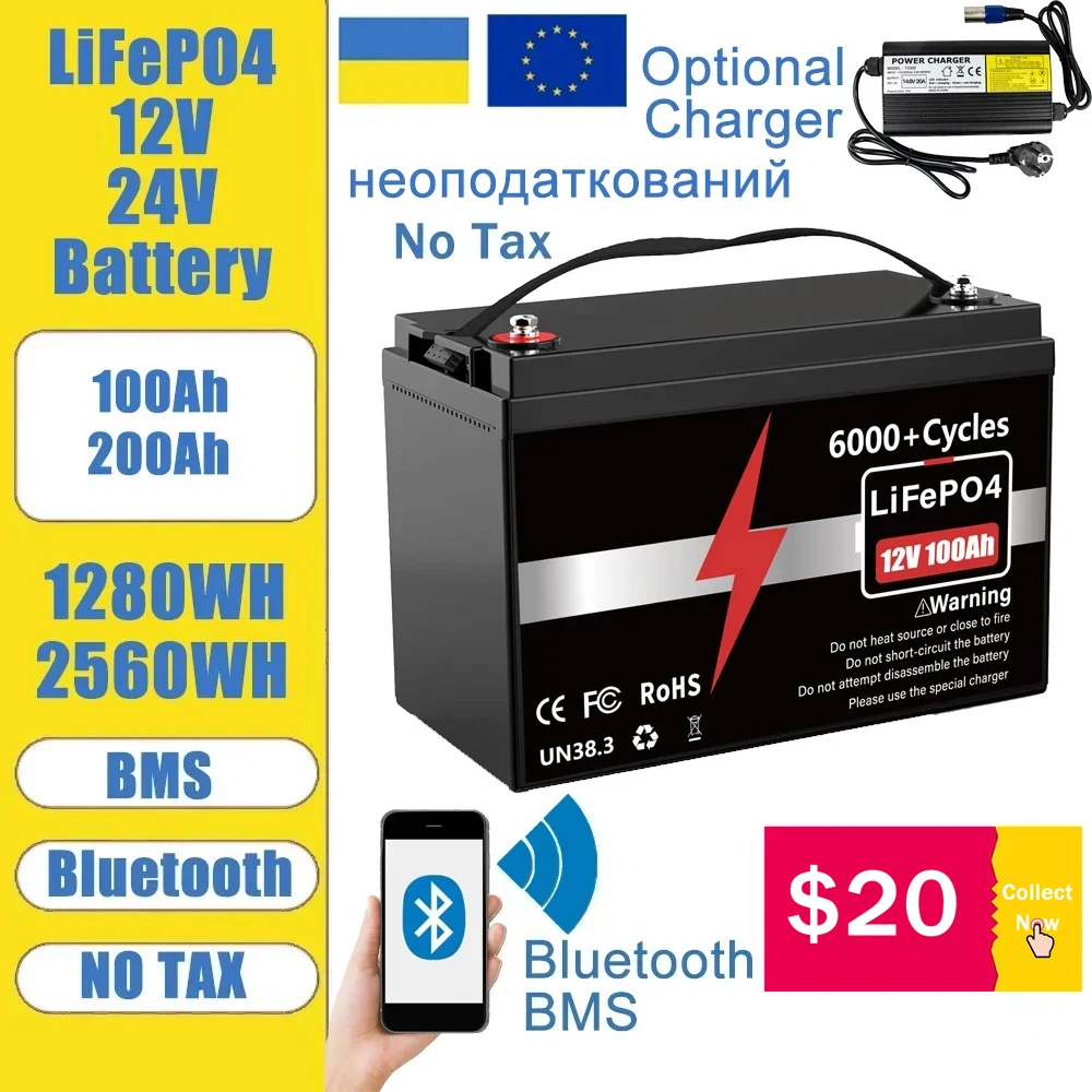 LiFePO4-12V-24V-100Ah-200Ah-2-6KW-Bluetooth-1280W-6500-Cycles-Cells-100 ...