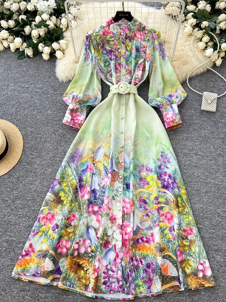France Elegant Vintage Palace Evening Dress Women Sashes Button Print ...