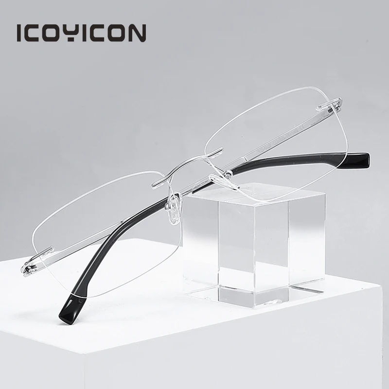 Rimless-Pure-Titanium-Eyeglass-Men-Square-Business-Prescription-Glasses ...