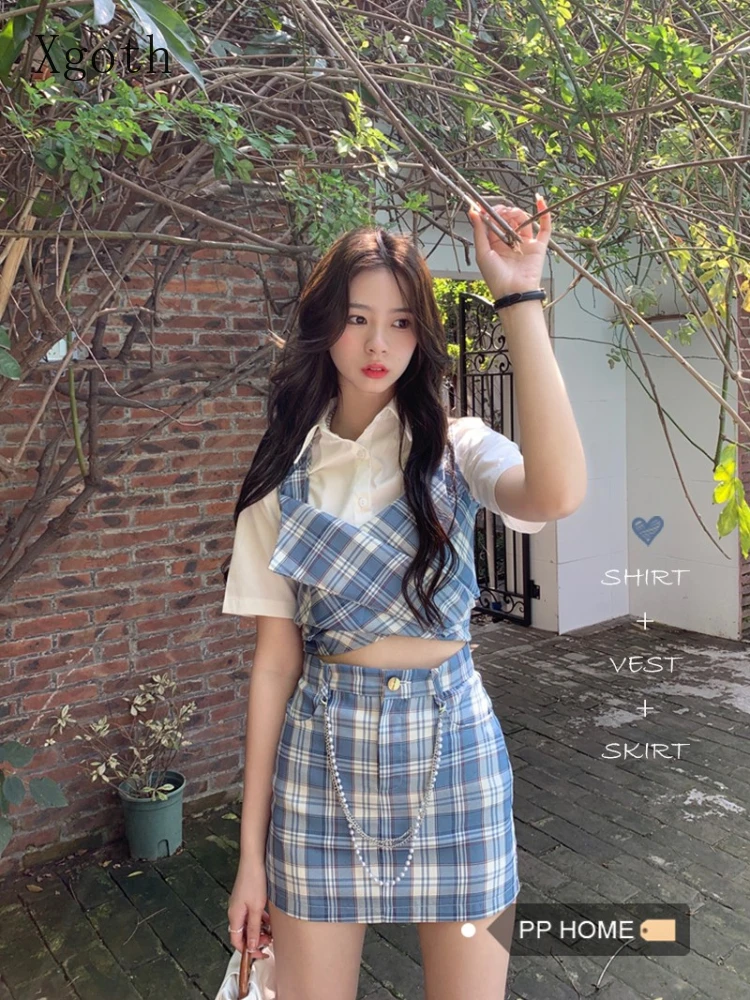 Xgoth-Girly-Blue-Skirt-3pcs-Suits-Simple-White-Shirt-Plaid-Camisole-Chain-High-Waist-Skirt-Two.jpg