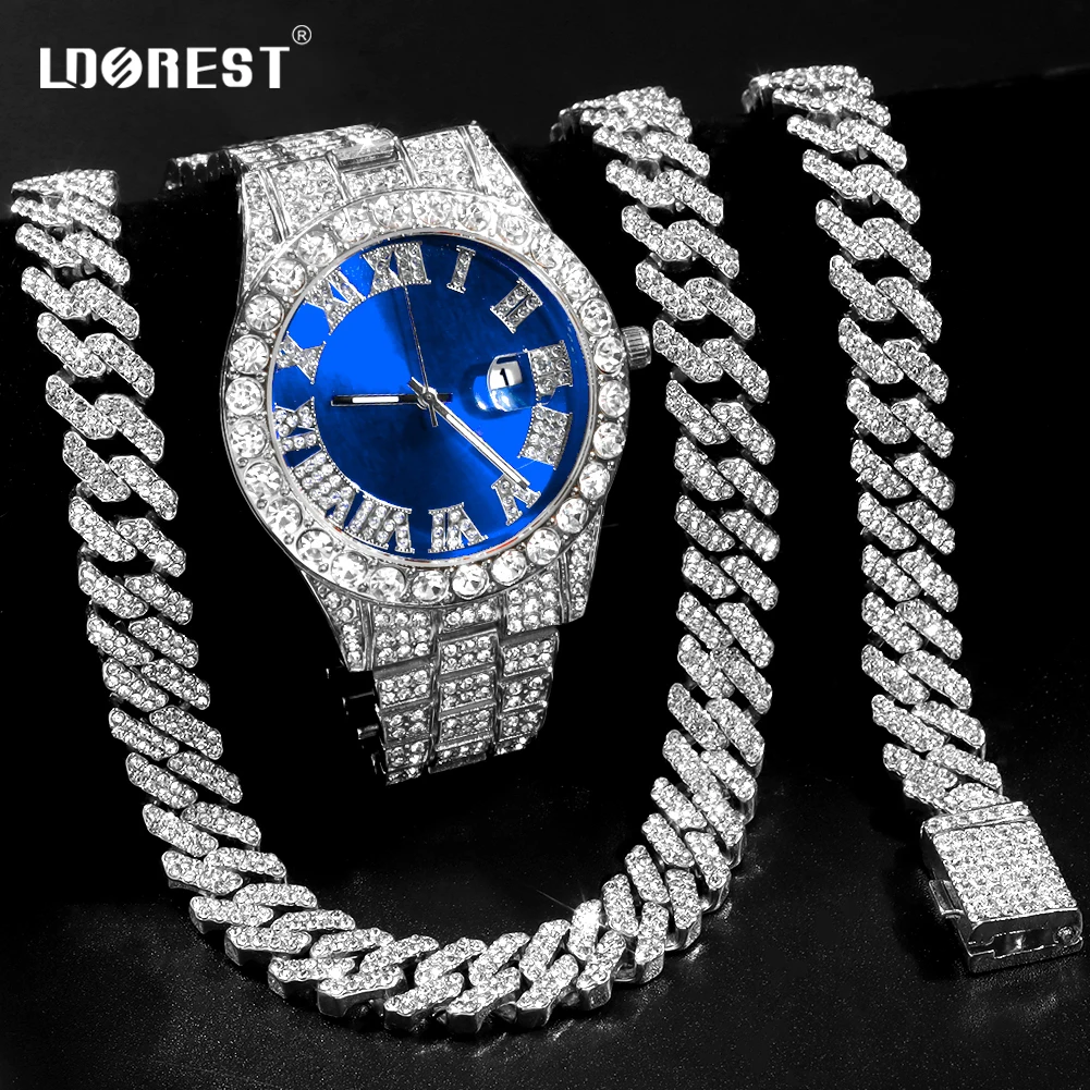 Hip-Hop-Iced-Out-Cuban-Necklace-Watch-For-Men-AAA-2-Row-Prong-Cuban ...