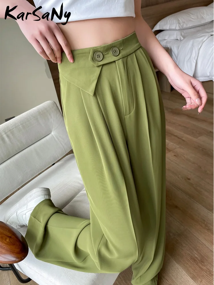 Women Long Green Pants For Summer Vintage High Waist Wide Leg Trousers ...