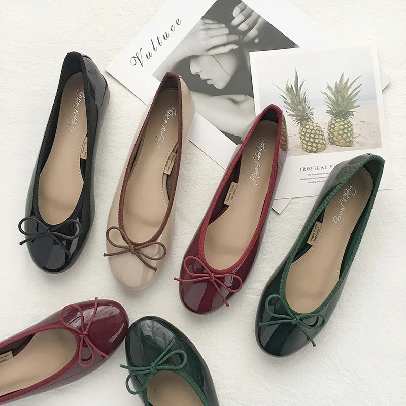 Spring Autumn Bowtie ballet flats women round toe japanned leather ...