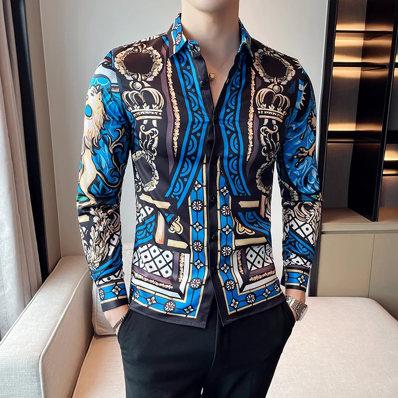 British Style Royal Crown Printed Men Shirts Dress Streetwear Slim Fit ...