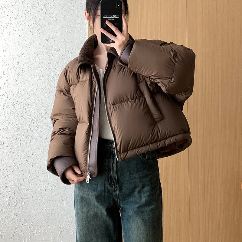 Leather-Lamb-Fur-Patchwork-Down-Jacket-Women-Short-Korean-Fashion-Turn-Down-Collar-Thick-Warm ...