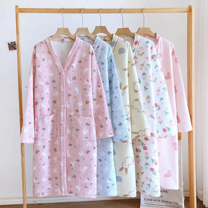 Winter-New-Cotton-Air-Layer-Kawaii-Girls-Floral-Sleep-Robe-Dress-Women ...